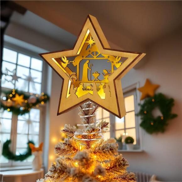 Holiday | Christmas Tree Topper Star Lighted Wooden Star Tree Toppers ...